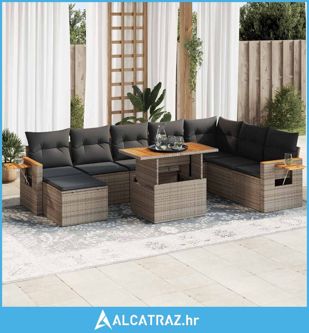 7-dijelni set vrtnih sofa poliratan i bagrem s jastucima sivi - NOVO