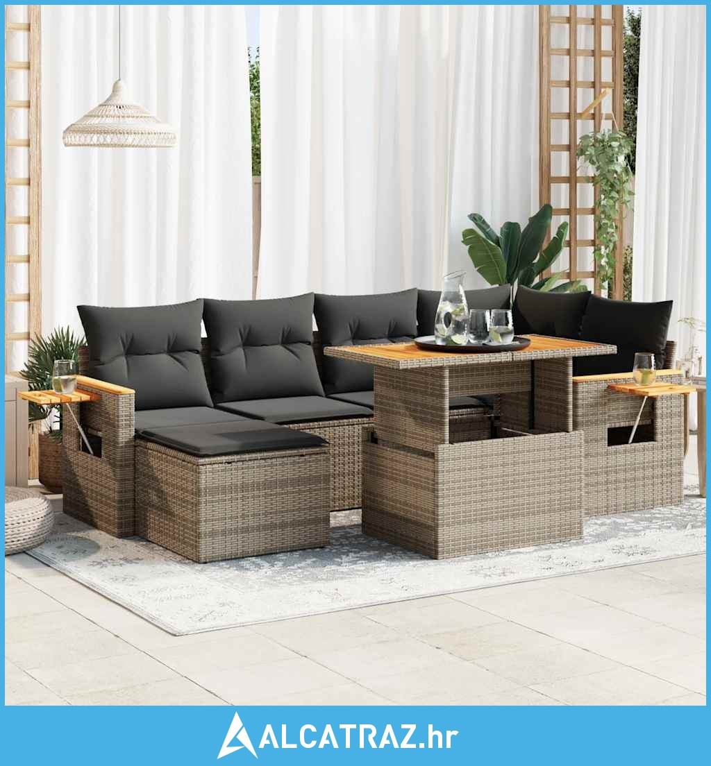7-dijelni set vrtnih sofa poliratan i bagrem s jastucima sivi - NOVO