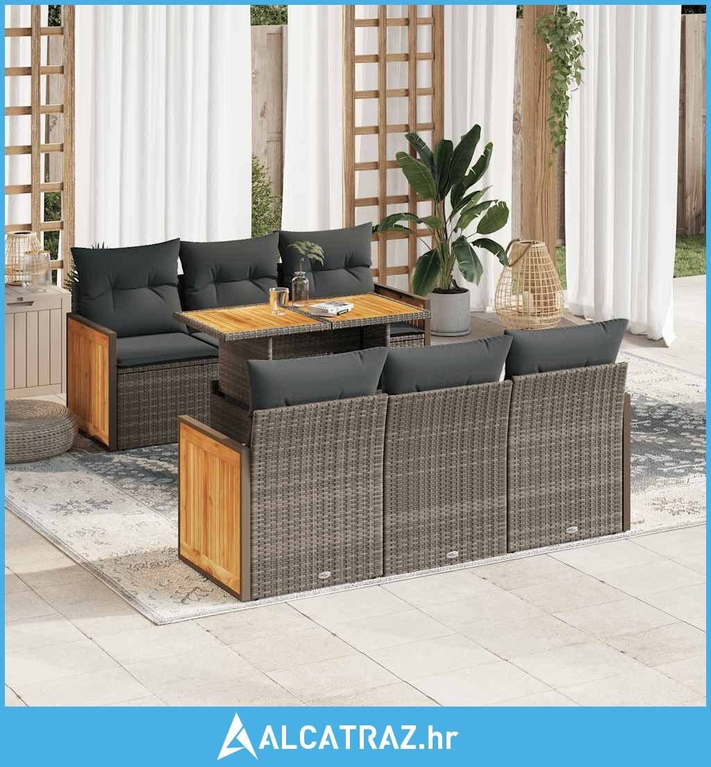 7-dijelni set vrtnih sofa poliratan i bagrem s jastucima sivi - NOVO