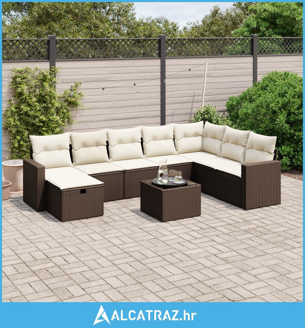 9-dijelni set vrtnih sofa s jastucima poliratan smeđi - NOVO