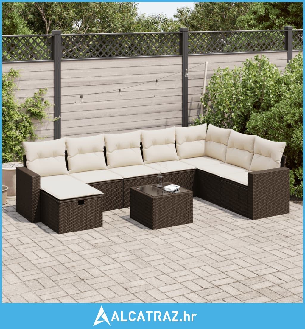 9-dijelni set vrtnih sofa s jastucima poliratan smeđi - NOVO