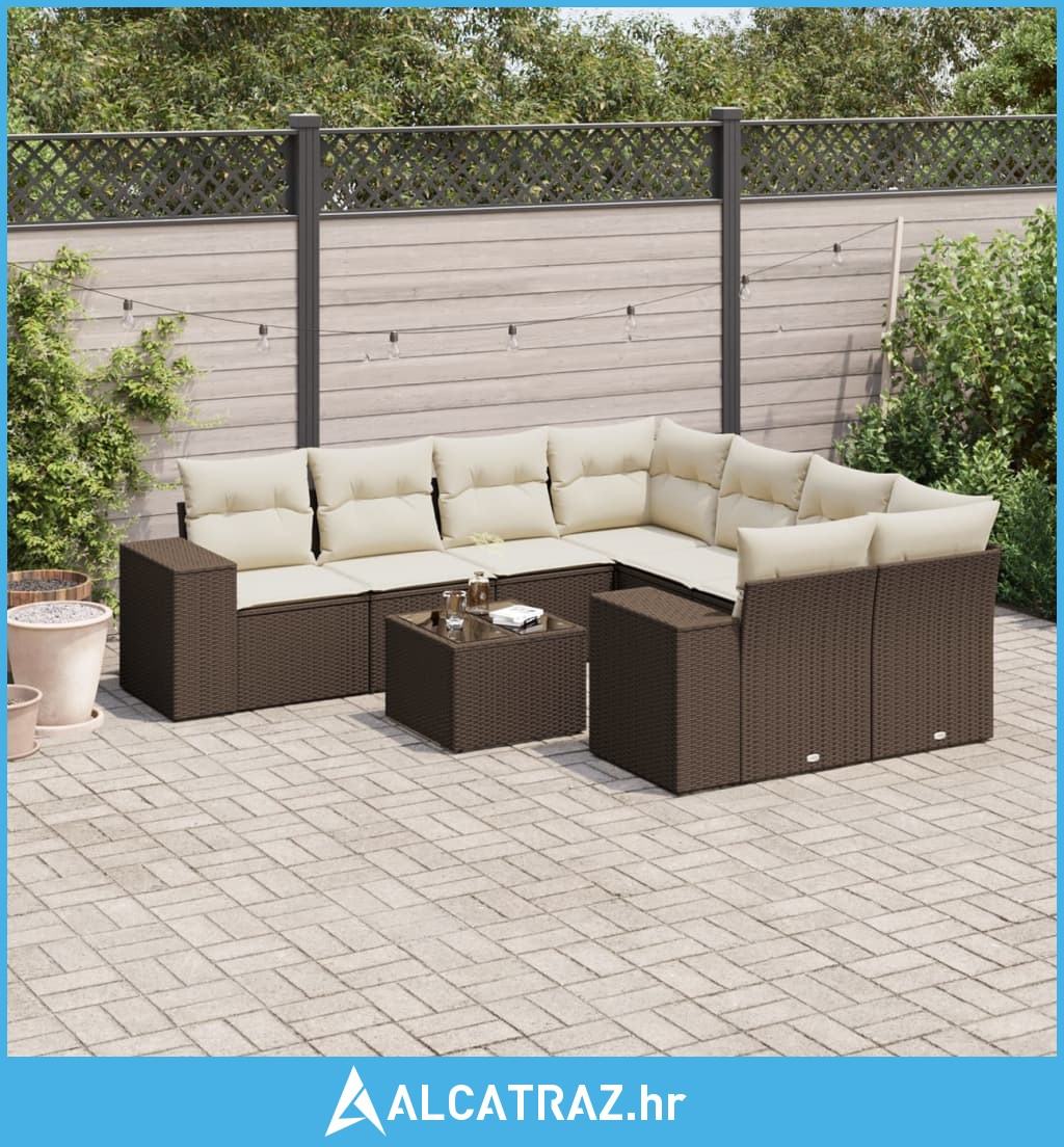 9-dijelni set vrtnih sofa s jastucima poliratan smeđi - NOVO
