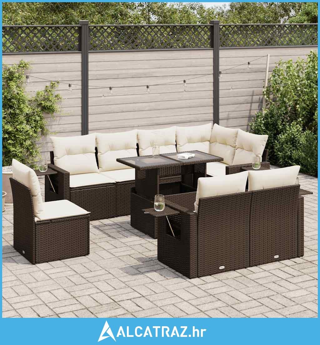9-dijelni set vrtnih sofa s jastucima poliratan smeđi - NOVO