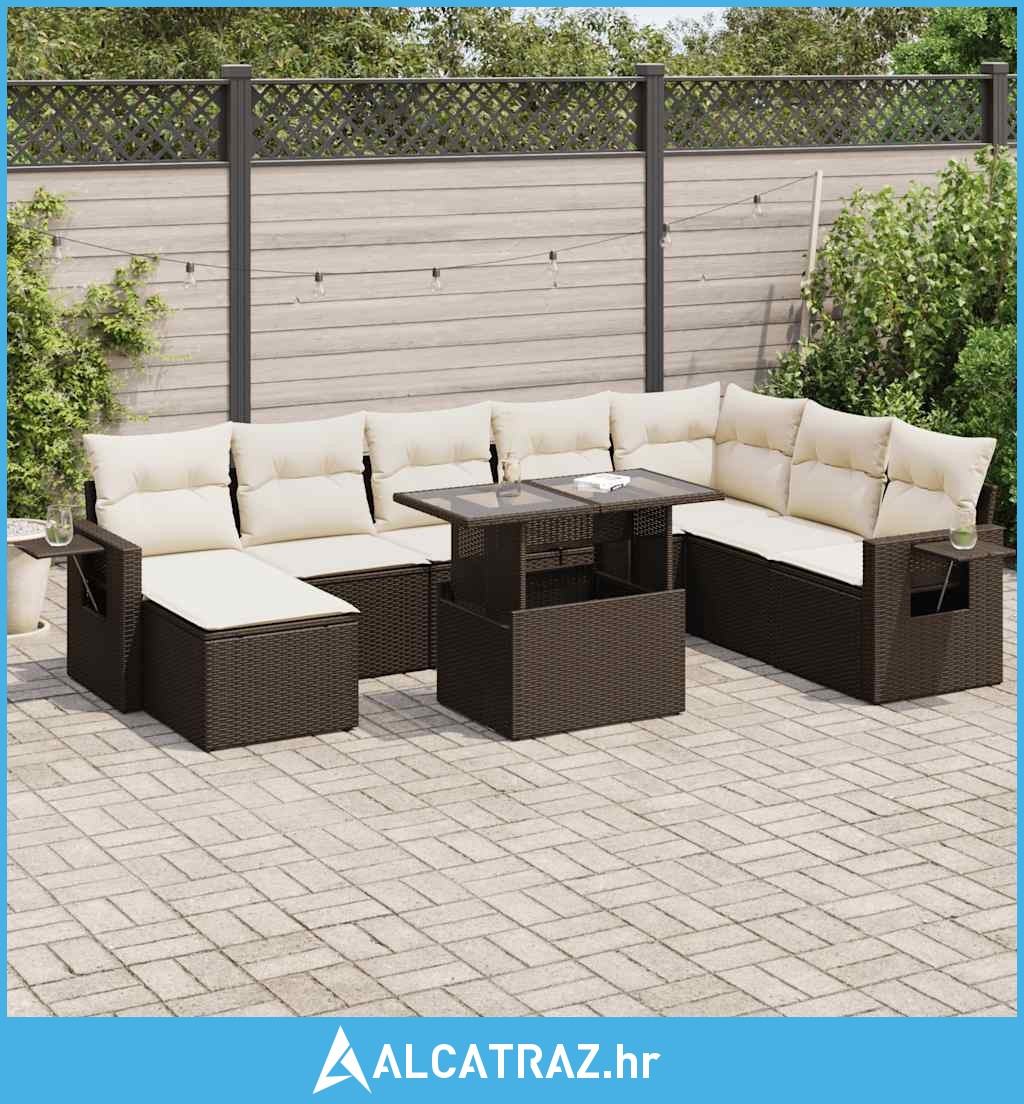 9-dijelni set vrtnih sofa s jastucima poliratan smeđi - NOVO