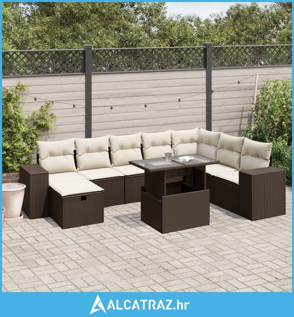 9-dijelni set vrtnih sofa s jastucima poliratan smeđi - NOVO