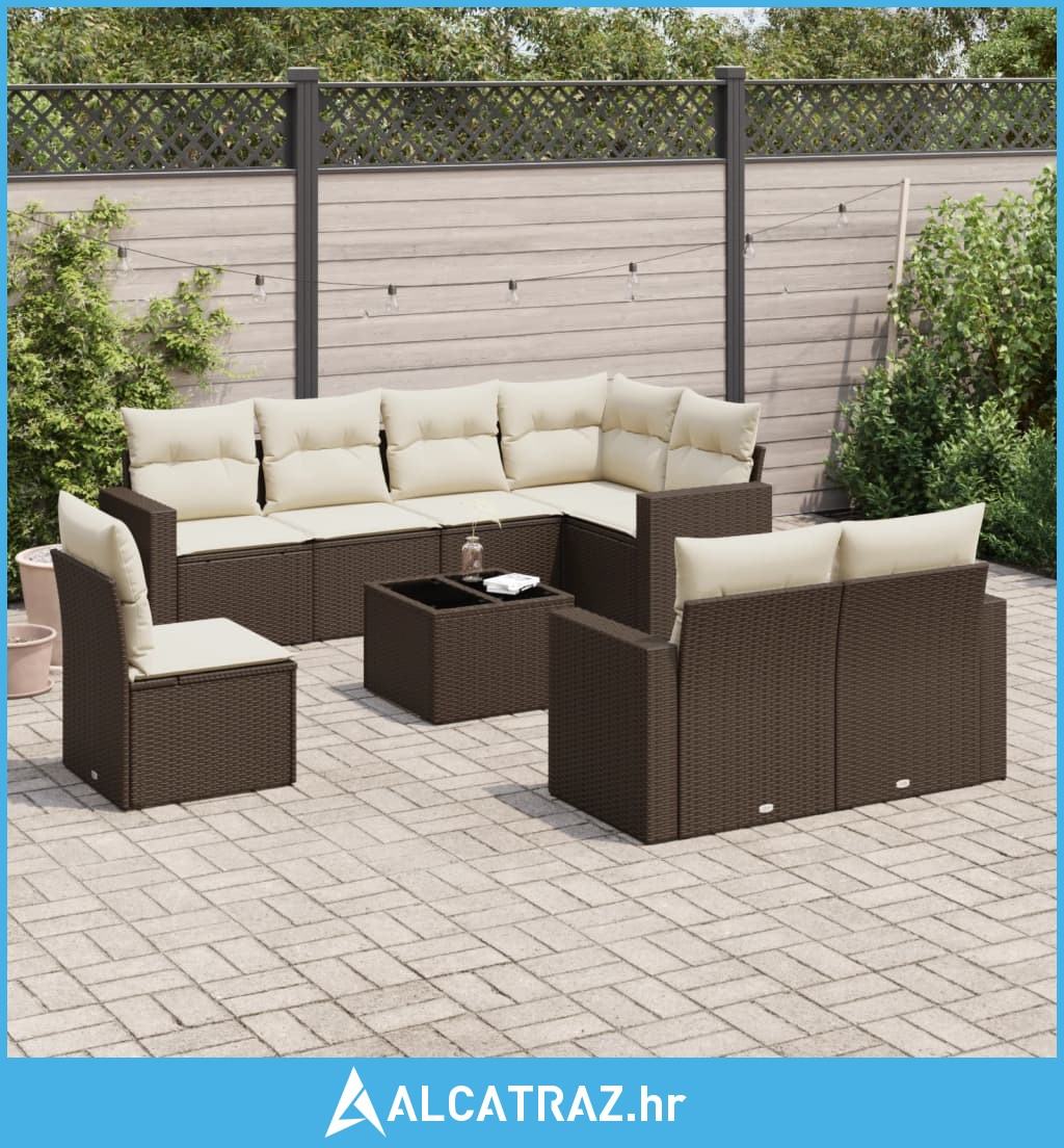 9-dijelni set vrtnih sofa s jastucima poliratan smeđi - NOVO