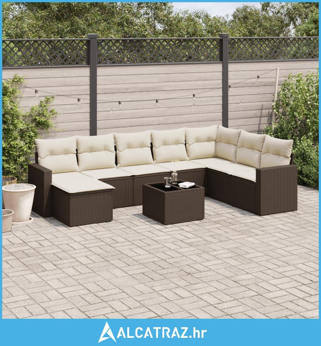 9-dijelni set vrtnih sofa s jastucima poliratan smeđi - NOVO