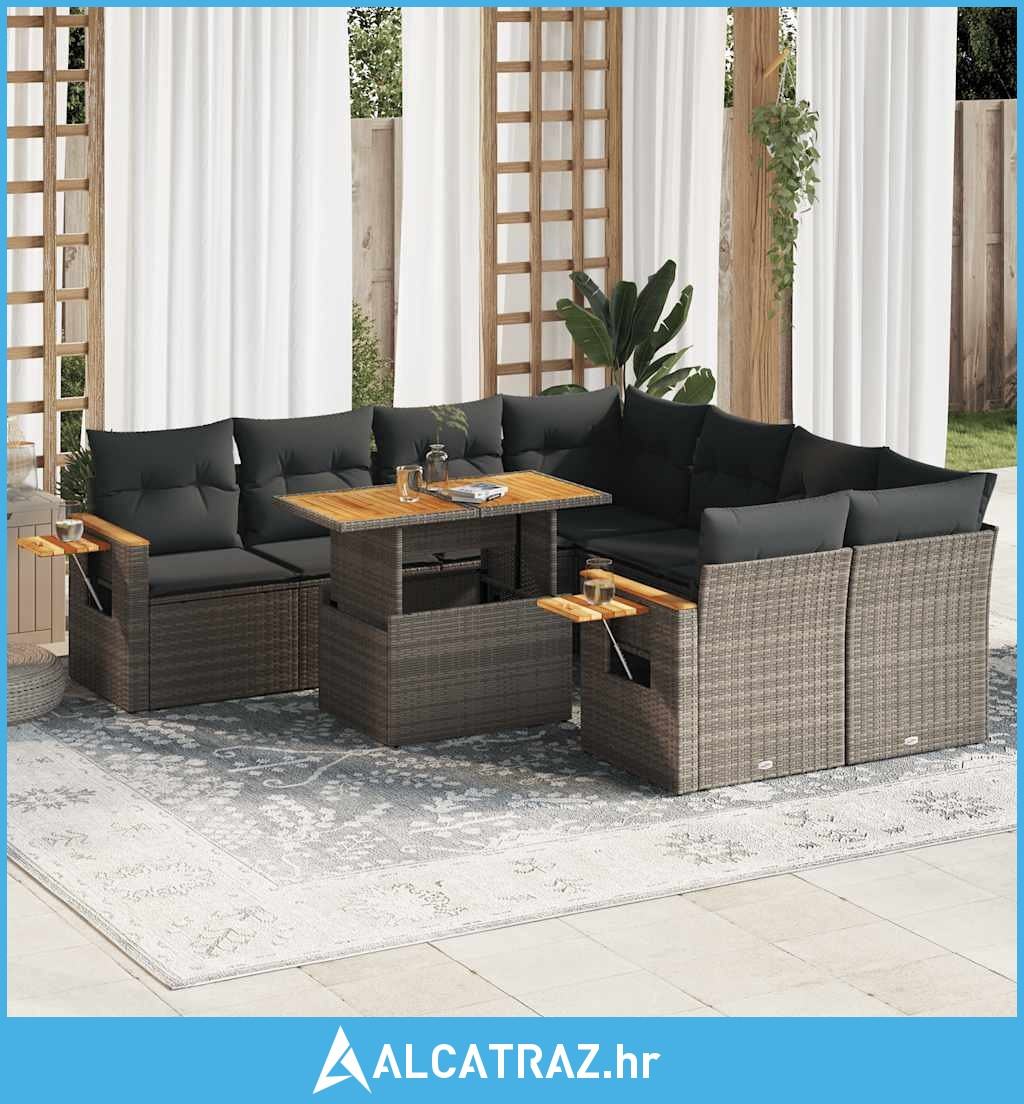 9-dijelni set vrtnih sofa poliratan i bagrem s jastucima sivi - NOVO