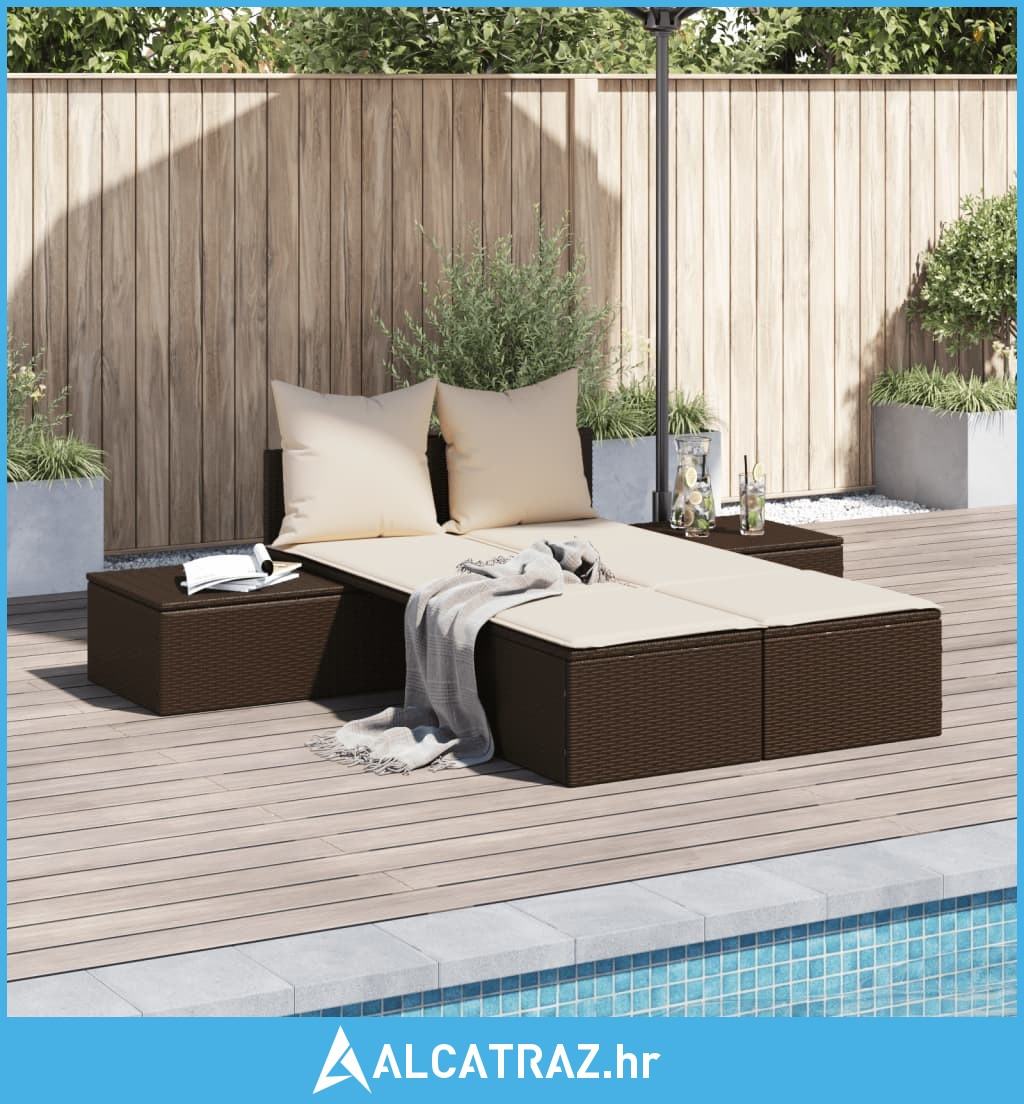 Dupla ležaljka za sunčanje s jastucima smeđi poliratan - NOVO