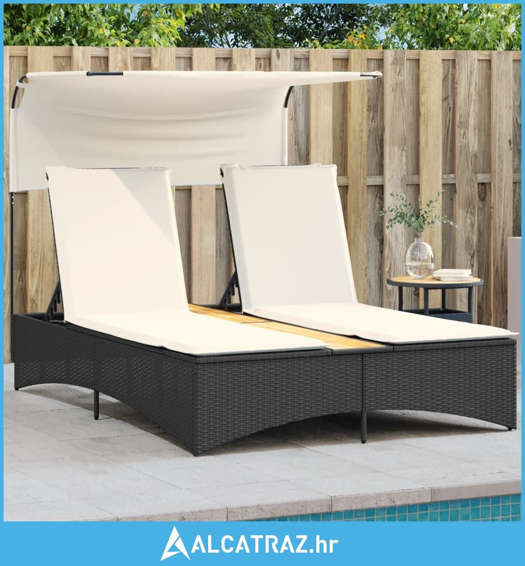 Dupla ležaljka za sunčanje s krovom i jastucima crna poliratan - NOVO