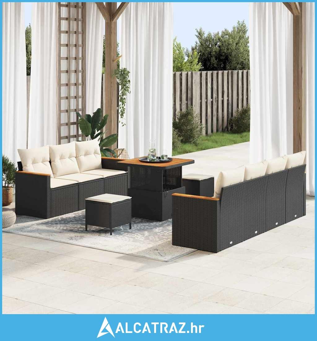 Set od 10 dijelova vrtnih kauča s jastučićima crni poli ratan akacije