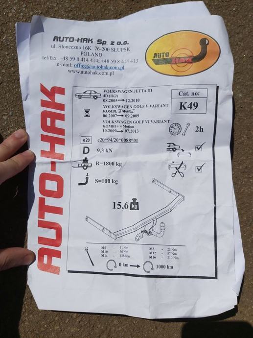 Kuka s papirima i pločicom za atest nova neotvorena Golf 5/6 Variant