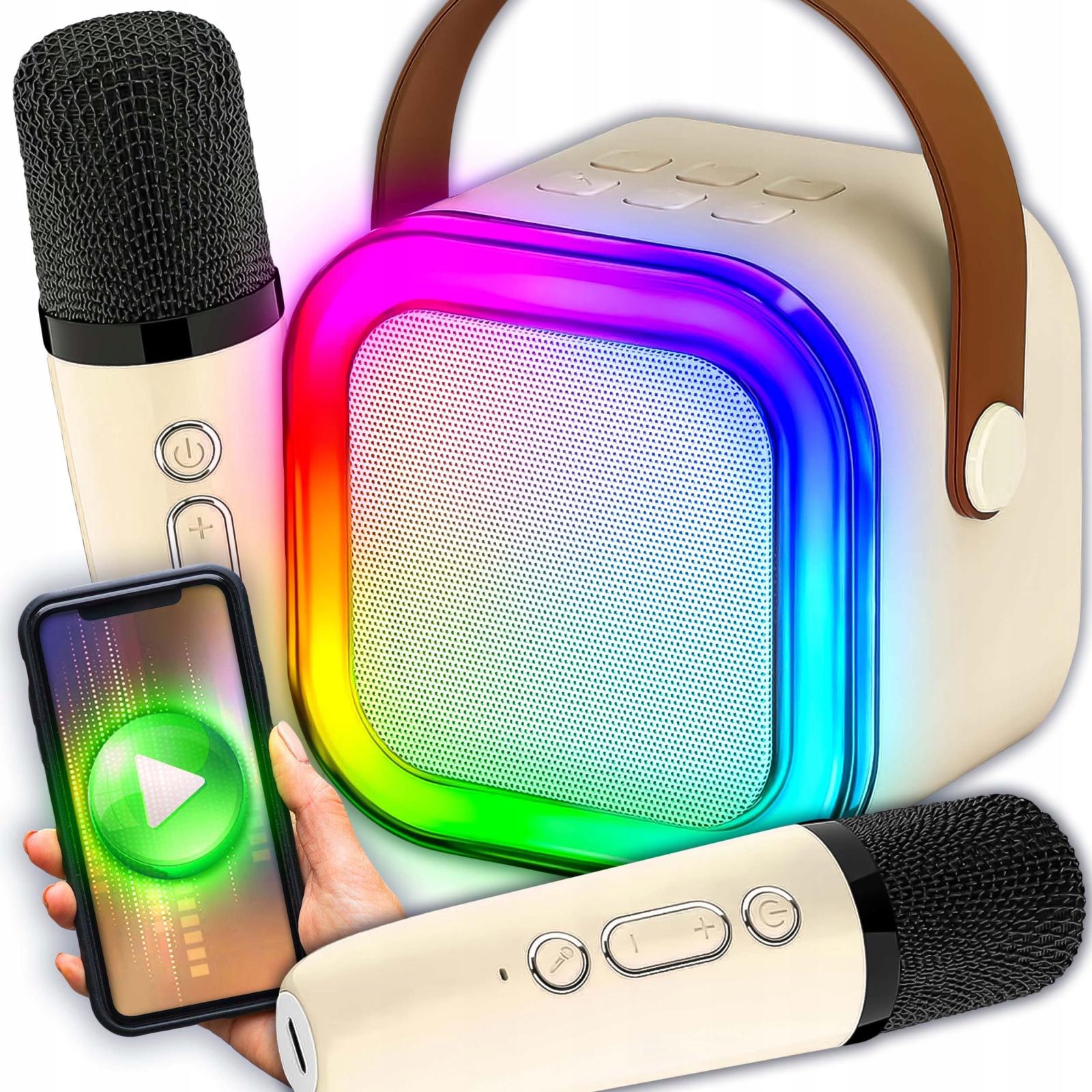 Aku. 1200mAh karaoke zvočnik Bluetooth 5.3 2x mikrofon LED RGB